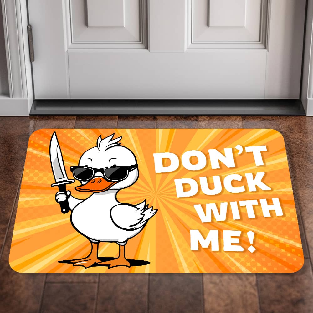 Customized area rug with violent yellow duck Text – Printeque